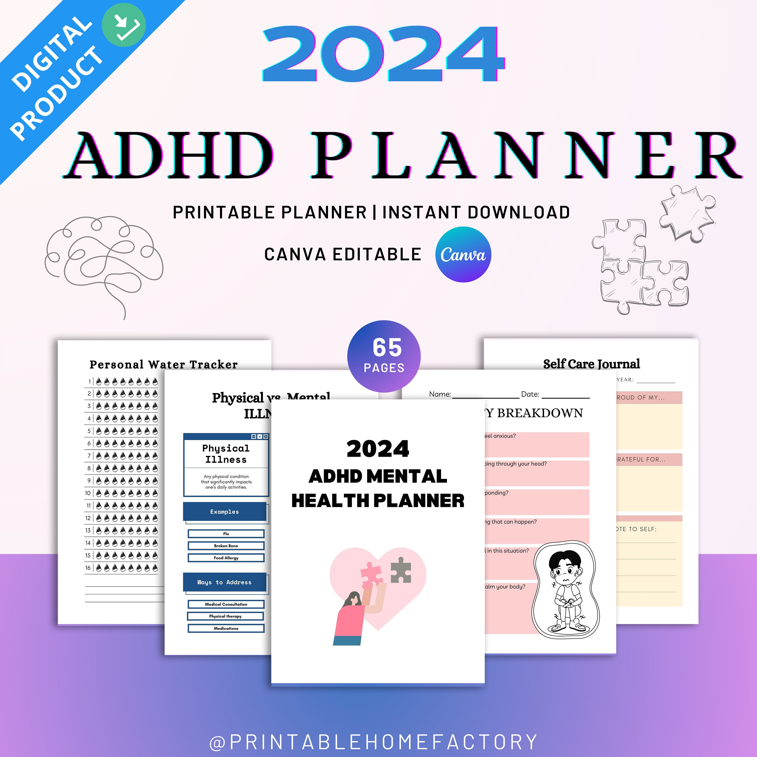 Editable 2024 ADHD Mental Health Planner for Canva, You Will Receive ...