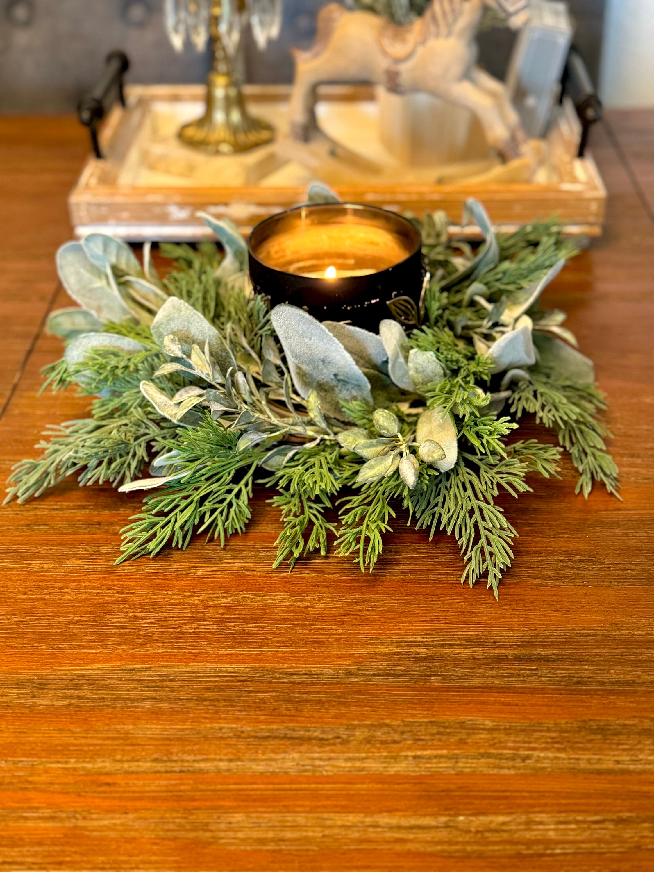 Mini Wreath Candle Ring Table Decor Centerpiece Evergreen Tablescape ...