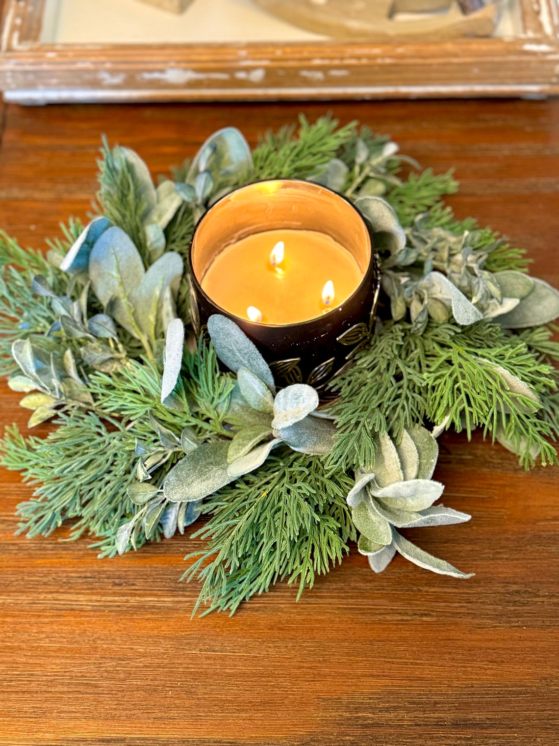 Mini Wreath Candle Ring Table Decor Centerpiece Evergreen Tablescape ...