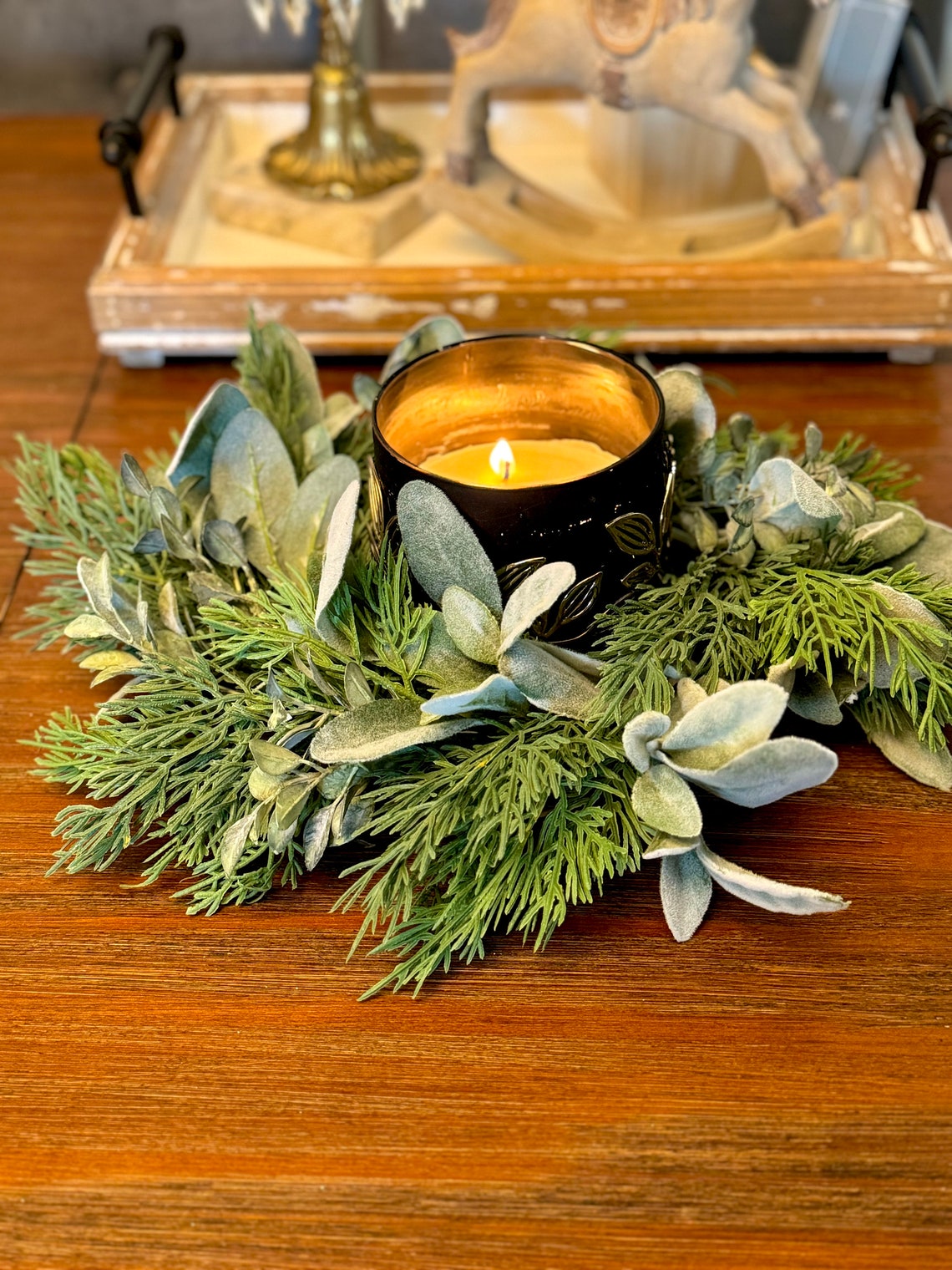 Mini Wreath Candle Ring Table Decor Centerpiece Evergreen Tablescape ...