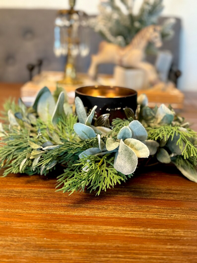 Mini Wreath Candle Ring Table Decor Centerpiece Evergreen Tablescape ...