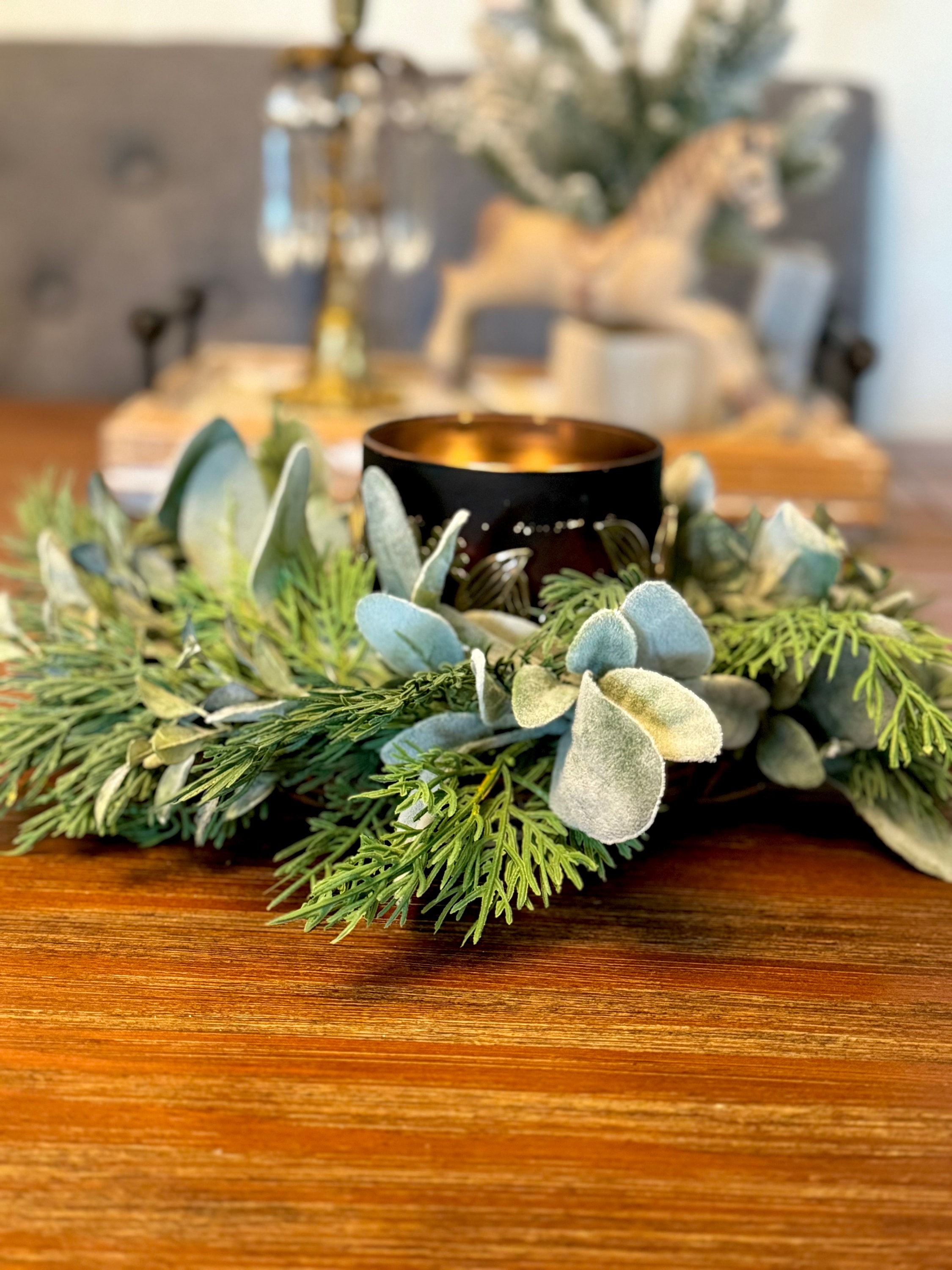 Mini Wreath Candle Ring Table Decor Centerpiece Evergreen Tablescape ...