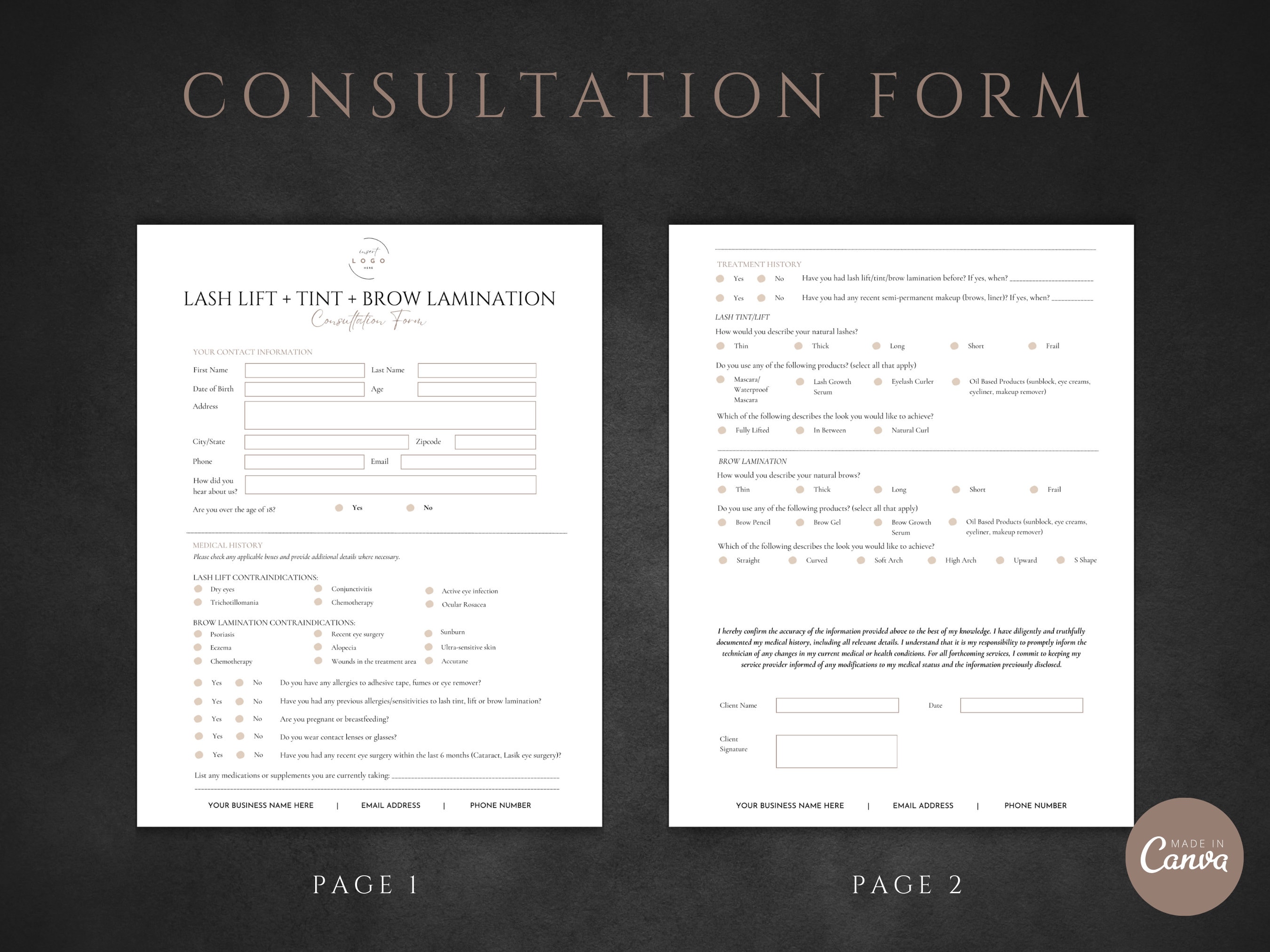 Brow Lamination Form, Lash Lift and Tint Forms, Editable Client Consent ...