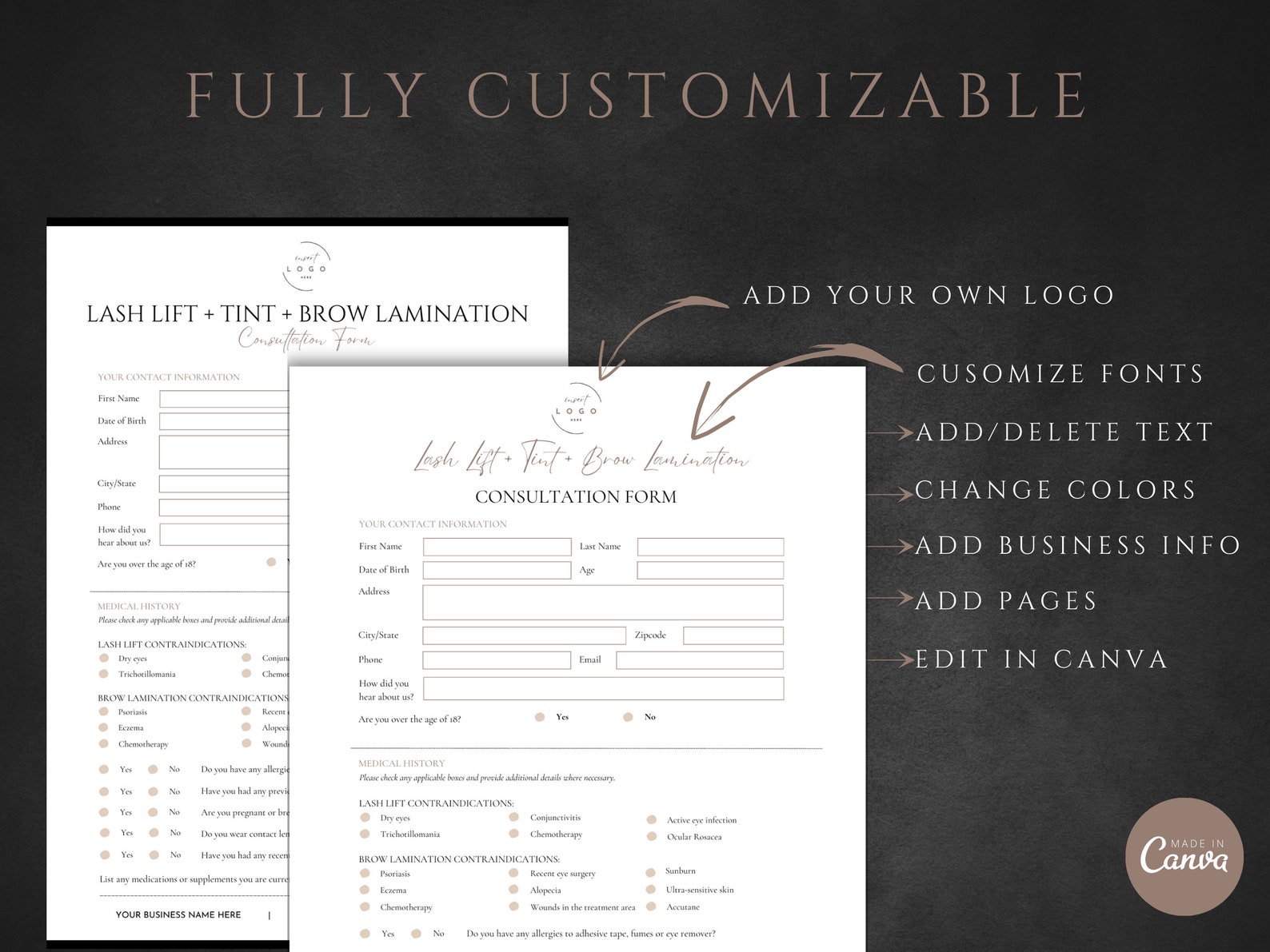 Brow Lamination Form, Lash Lift and Tint Forms, Editable Client Consent ...