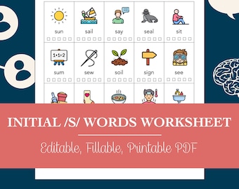 Initial /s/ Words Worksheet for Speech Therapy Fillable PDF With ...
