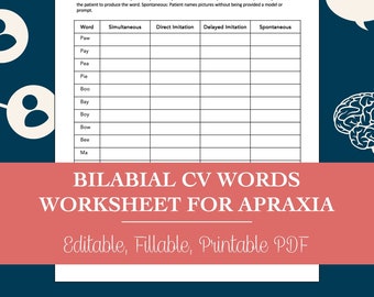 CV Words Worksheet for Apraxia in Speech Therapy (editable, Fillable ...