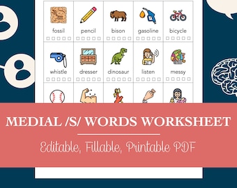 Medial /s/ Words Worksheet for Speech Therapy Fillable PDF With ...