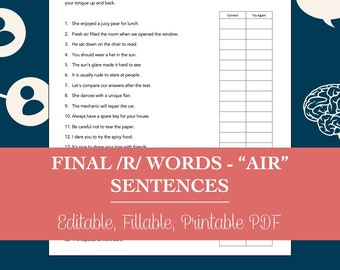 Final /r/ Words - "ar" Sound in Sentences Worksheet for Speech Therapy ...