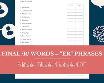 Final /r/ Words er Sound Worksheet for Speech Therapy Fillable PDF - Etsy