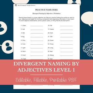 Divergent Naming by Adjectives Worksheet (level 1) for Speech Therapy ...