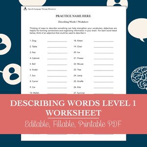 Describing Words Worksheet (level 1) for Speech Therapy (editable ...