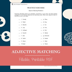 Adjective Matching Worksheet for Speech Therapy (editable, Fillable ...
