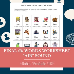 Final R Words AIR Sound Worksheet for Speech Therapy editable, Fillable ...