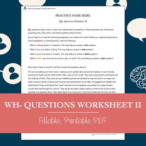 WH- Questions for Reading Comprehension Worksheet for Speech Therapy ...