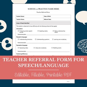 Teacher Referral Form for Speech Therapy (editable, Fillable, Printable ...