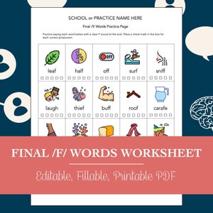 Final /F/ Words in Pictures Worksheet for Speech Therapy (printable PDF ...