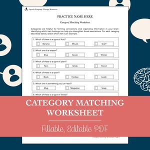 Category Matching Worksheet for Speech Therapy (editable, Fillable ...