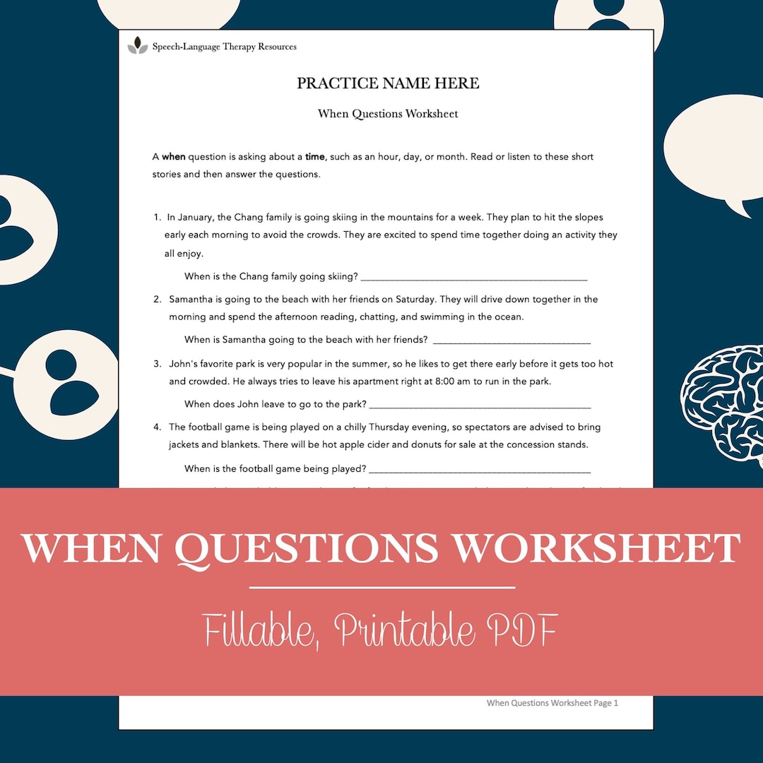 When Questions Worksheet for Speech Therapy (editable, Fillable ...