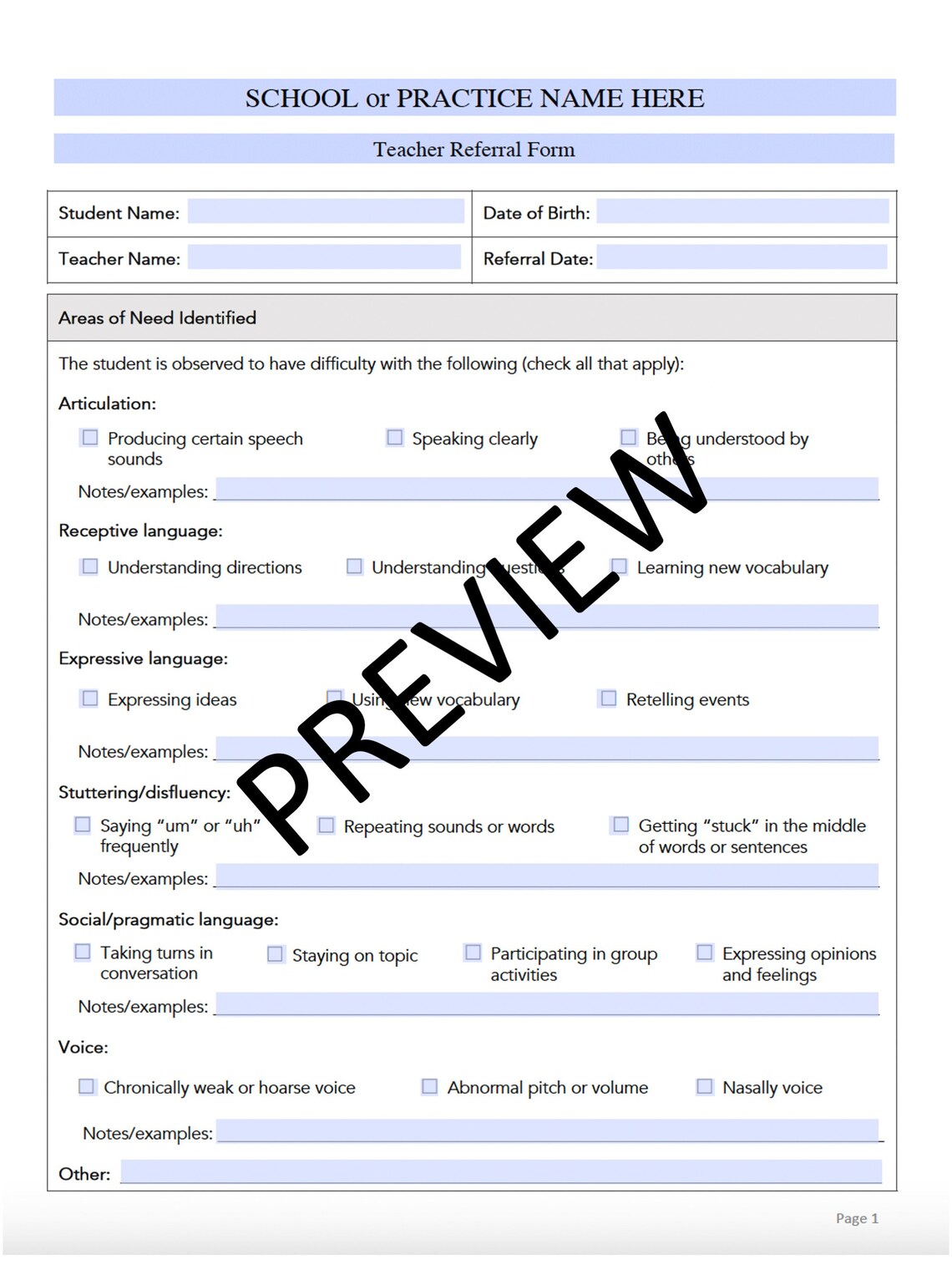 Teacher Referral Form for Speech Therapy (editable, Fillable, Printable ...