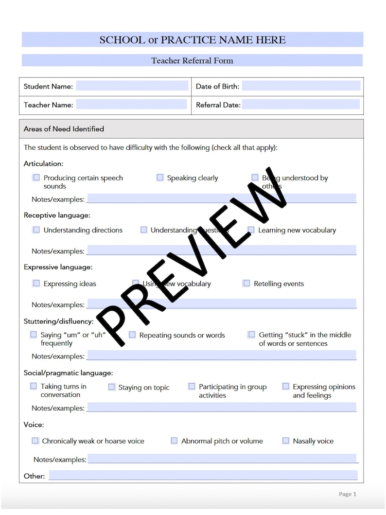 Teacher Referral Form for Speech Therapy (editable, Fillable, Printable ...