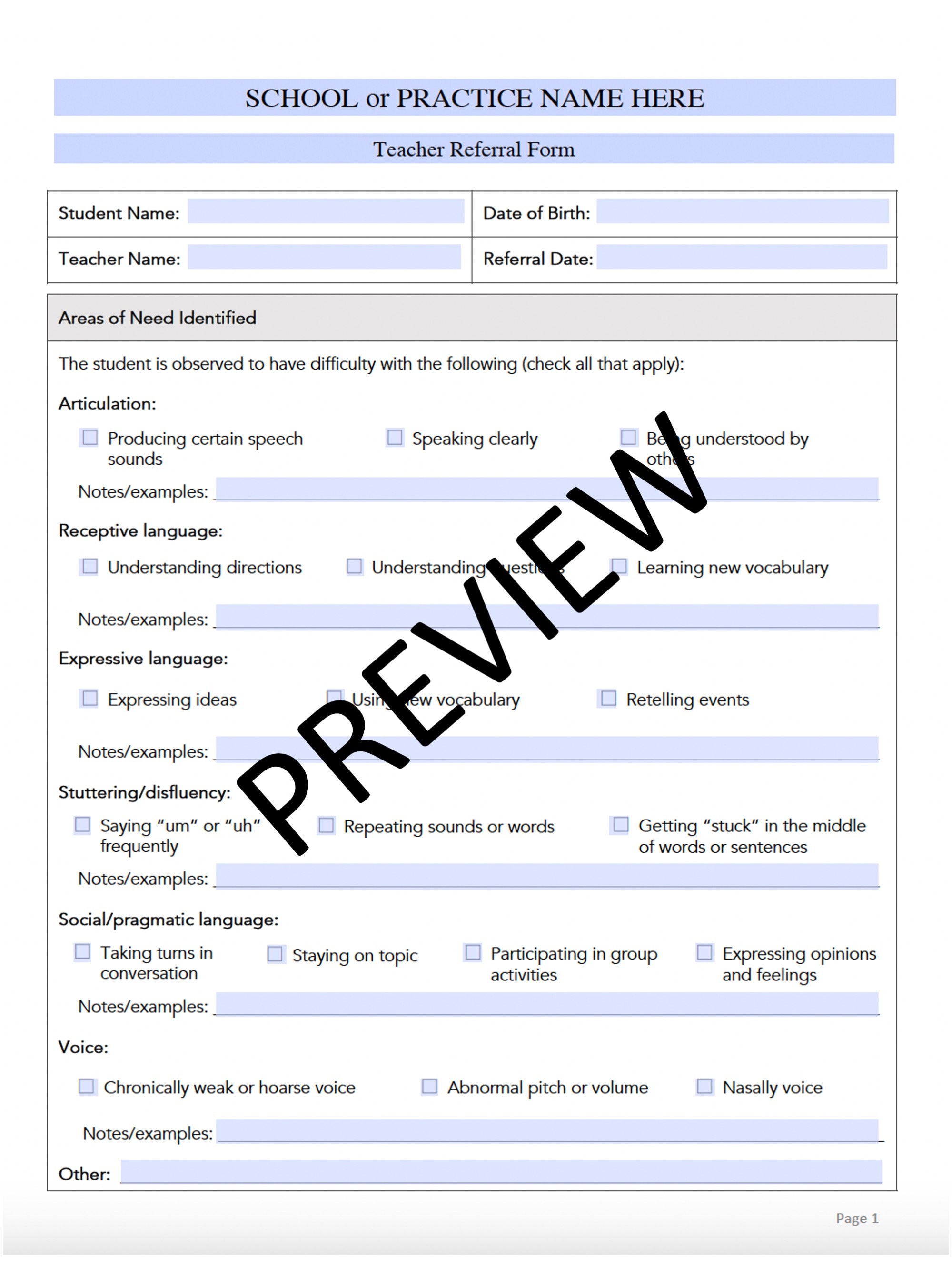Teacher Referral Form for Speech Therapy (editable, Fillable, Printable ...