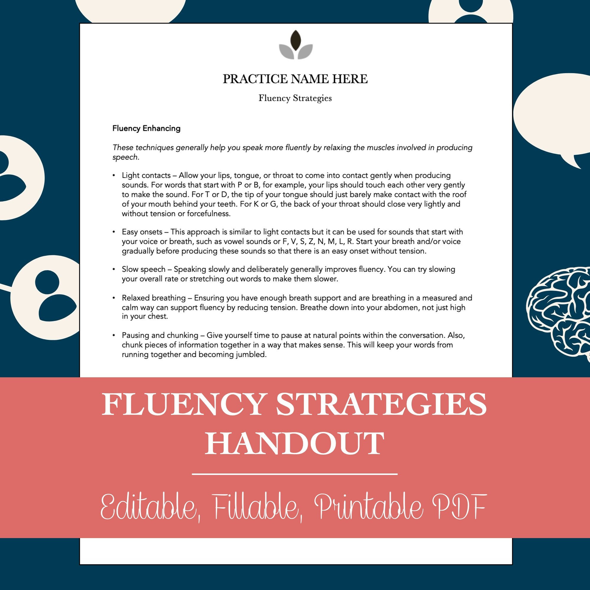Fluency Strategies Handout Info Sheet for Speech Therapy editable ...