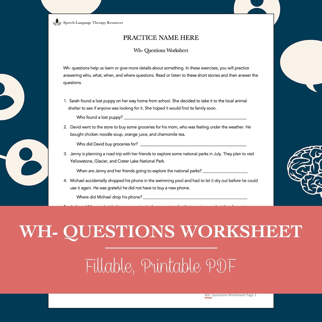 WH- Questions Worksheet for Speech Therapy (editable, Fillable ...