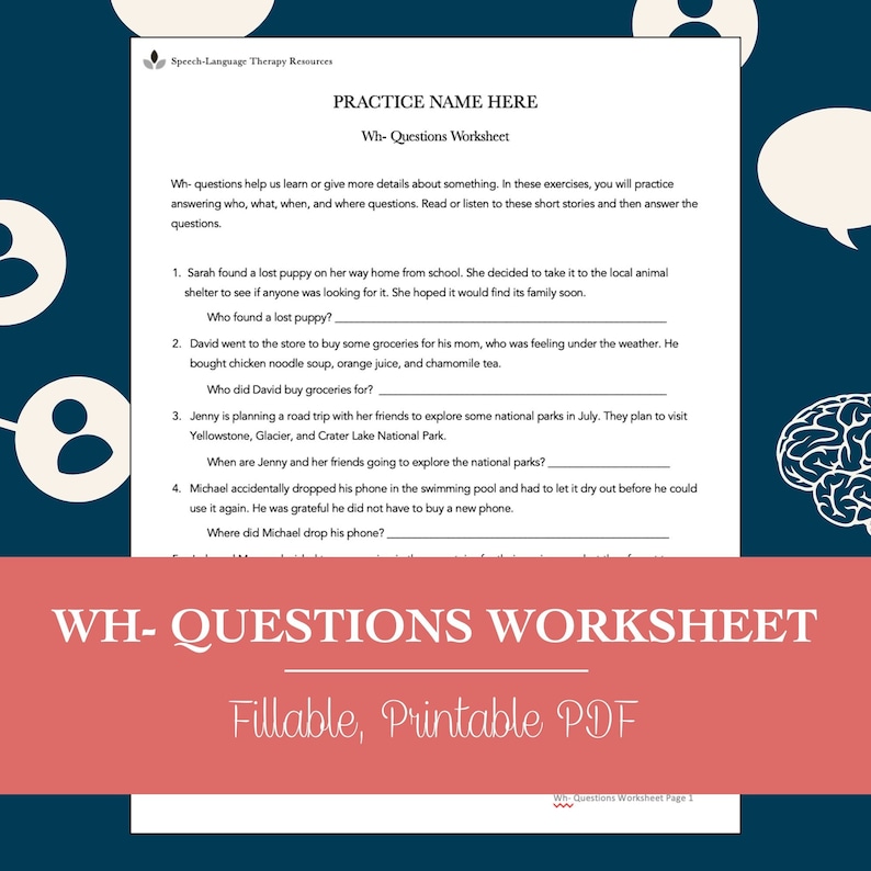 WH- Questions Worksheet for Speech Therapy (editable, Fillable ...