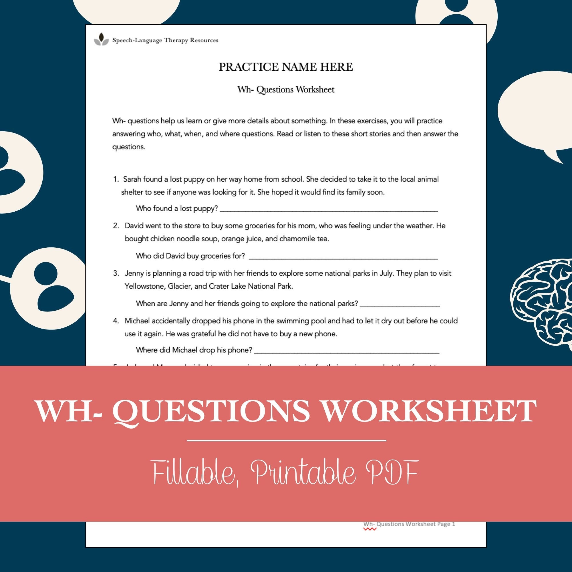 WH- Questions Worksheet for Speech Therapy (editable, Fillable ...