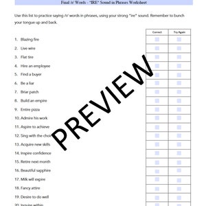 Final /R/ Words IRE Phrases Worksheet for Speech Therapy editable ...