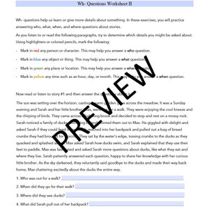 WH- Questions for Reading Comprehension Worksheet for Speech Therapy ...