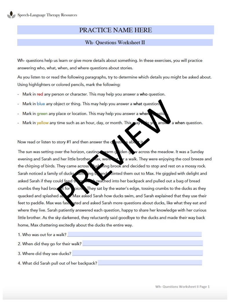 WH- Questions for Reading Comprehension Worksheet for Speech Therapy ...