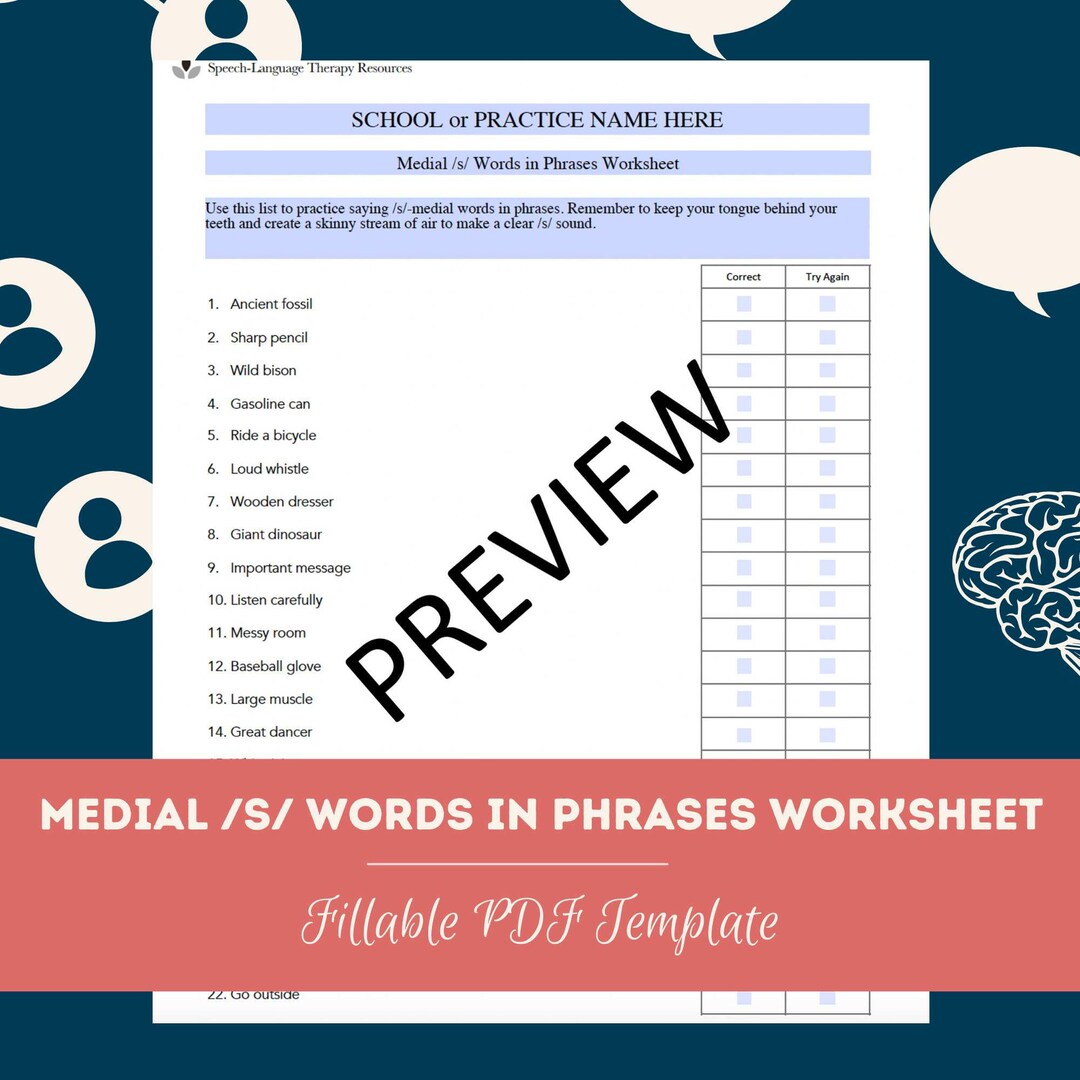 Medial /S/ Words in Phrases Worksheet for Speech Therapy editable ...
