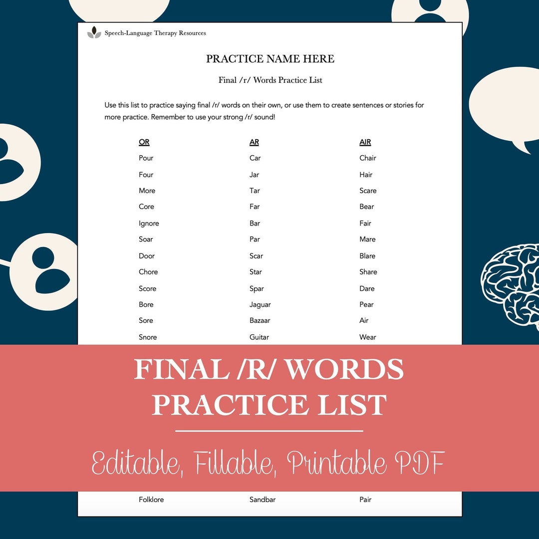 Final /R/ Words Practice Worksheet for Speech Therapy editable ...