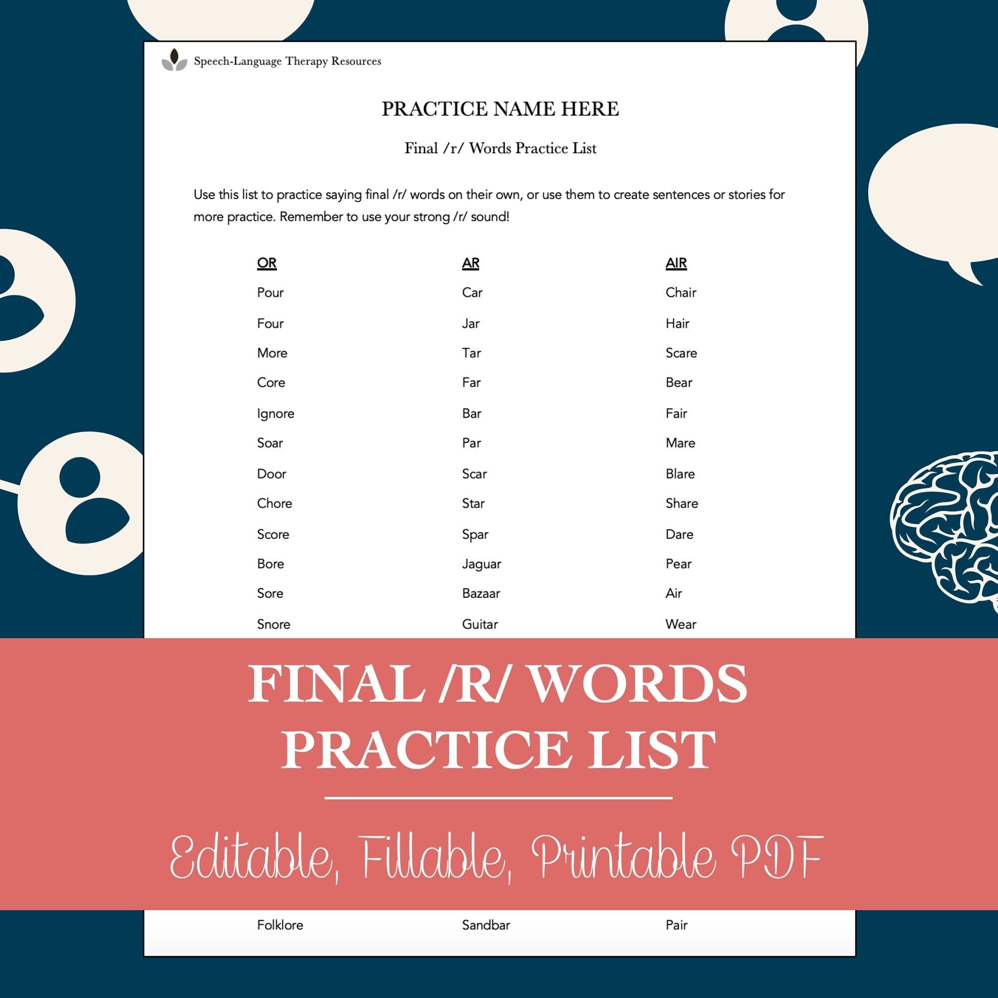 Final /R/ Words Practice Worksheet for Speech Therapy (editable ...