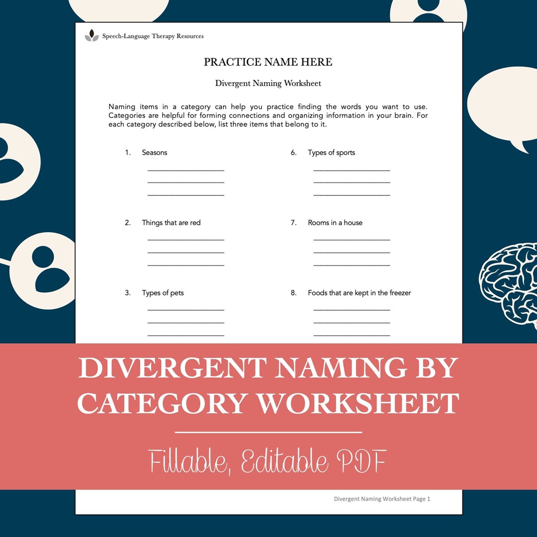 Divergent Naming Worksheet for Aphasia for Speech Therapy (editable ...