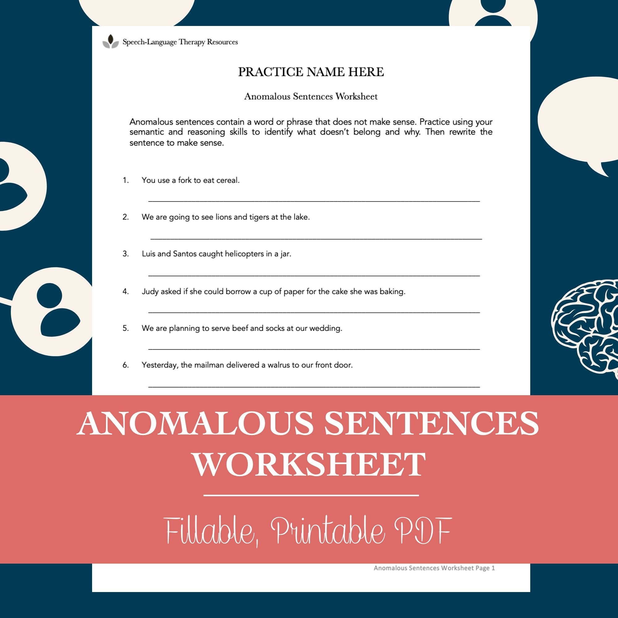 Anomalous Sentences Worksheet for Speech Therapy (editable, Fillable ...