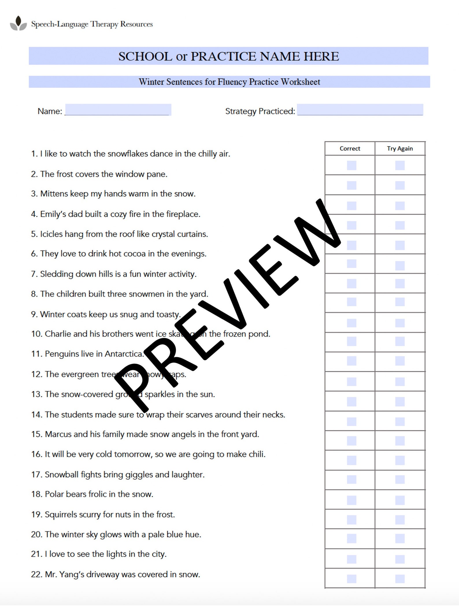 Winter Sentences for Fluency Practice Worksheet for Speech Therapy ...