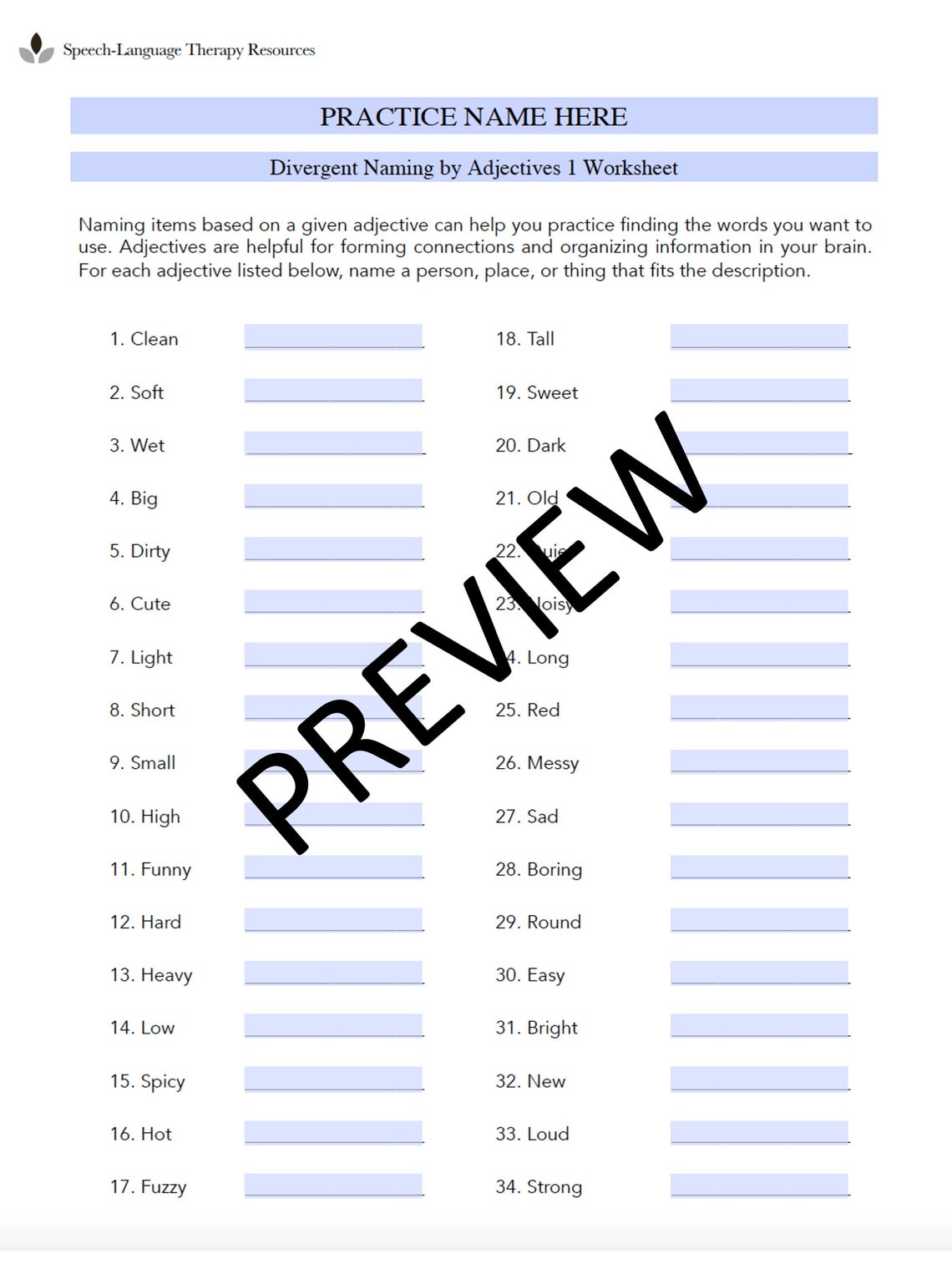Divergent Naming by Adjectives Worksheet (level 1) for Speech Therapy ...
