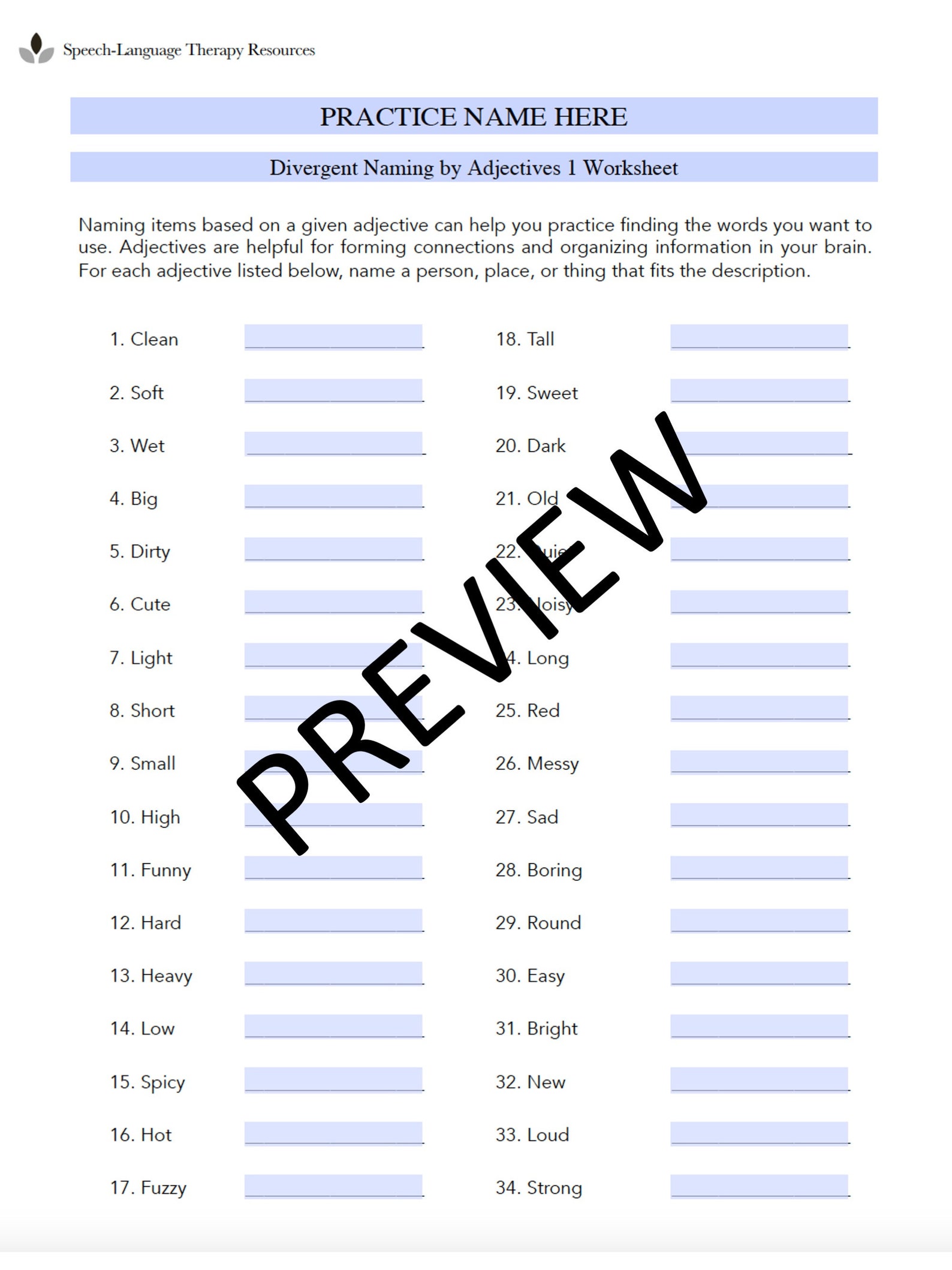 Divergent Naming by Adjectives Worksheet (level 1) for Speech Therapy ...