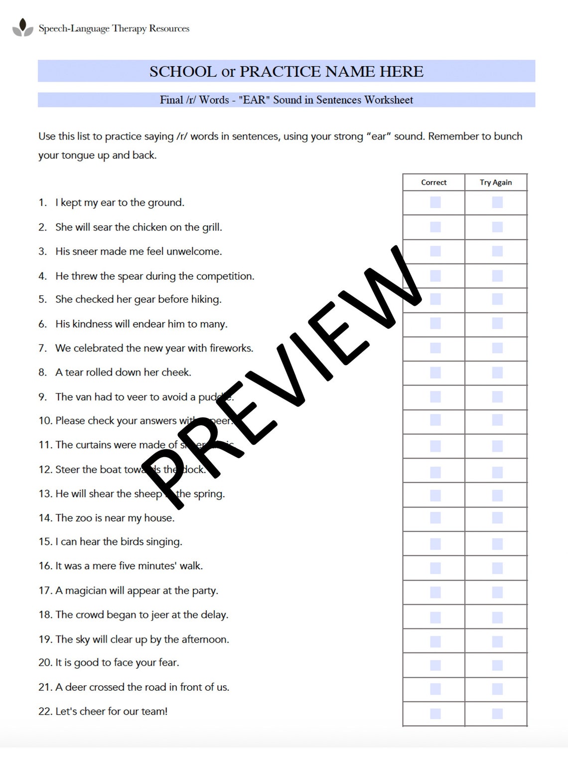 Final /R/ Words EAR Sentences Worksheet for Speech Therapy editable ...