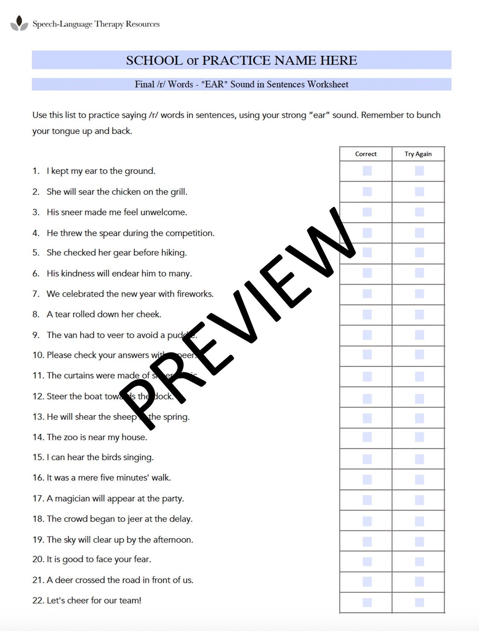 Final /R/ Words EAR Sentences Worksheet for Speech Therapy editable ...