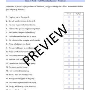 Final /R/ Words EAR Sentences Worksheet for Speech Therapy editable ...