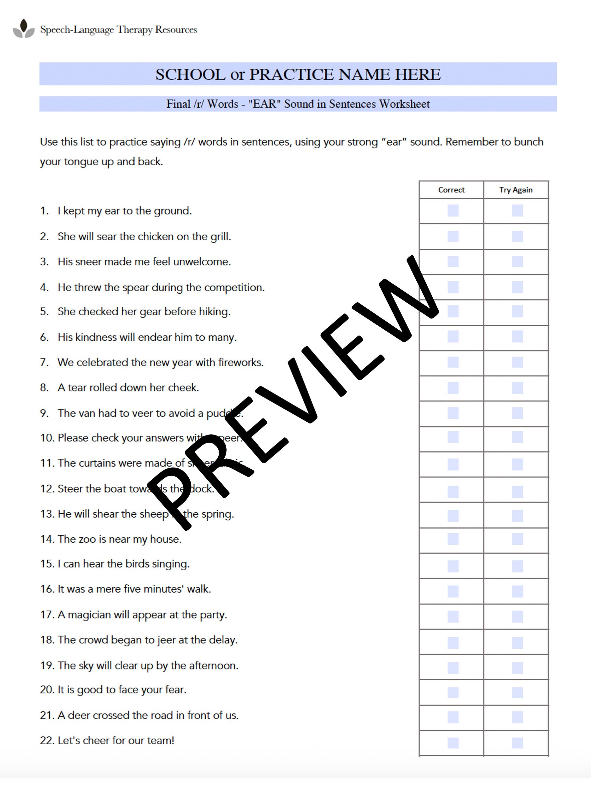 Final /R/ Words “EAR” Sentences Worksheet for Speech Therapy (editable ...