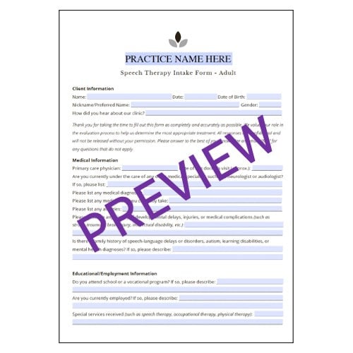Speech Therapy Intake Form for Adults (editable, Fillable, Printable ...