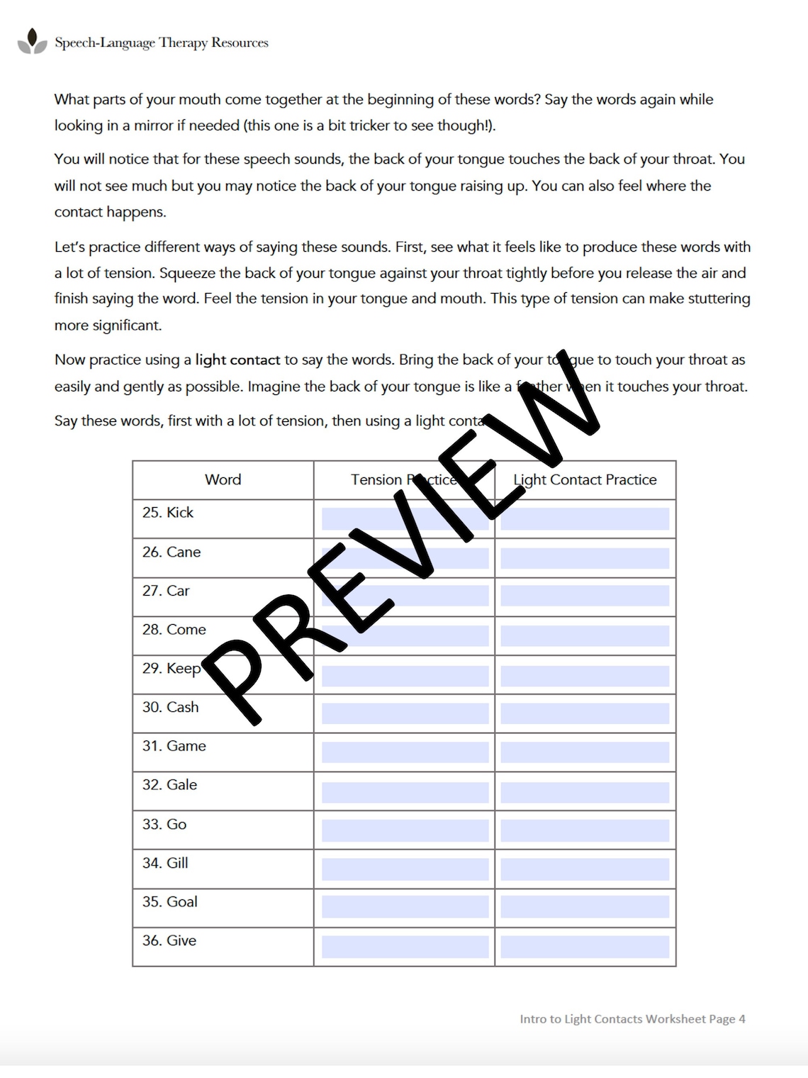 Intro to Light Contacts Worksheet for Speech Therapy (editable ...