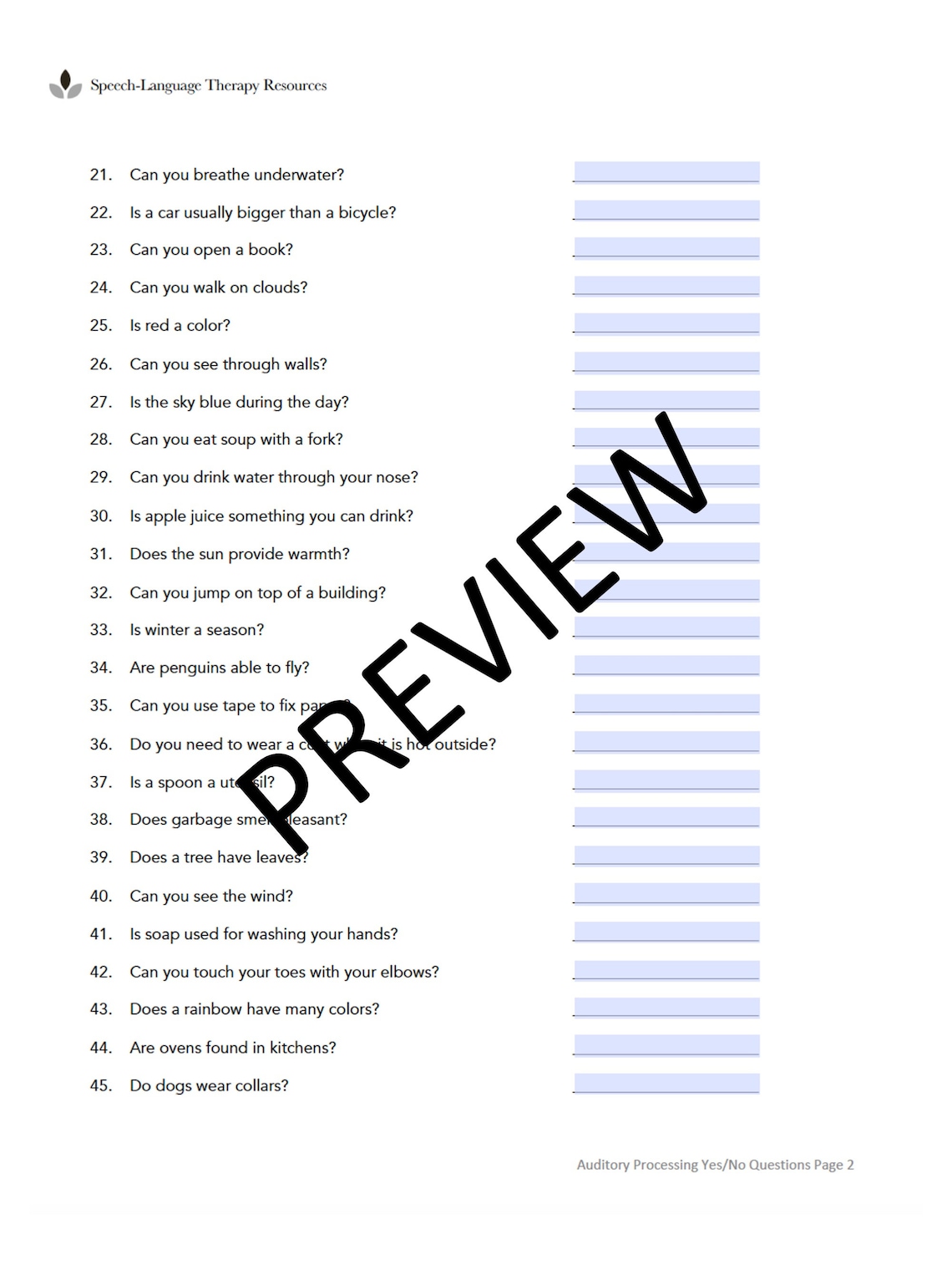 Auditory Processing Yes No Questions Worksheet for Speech Therapy (editable, Fillable, Printable ...