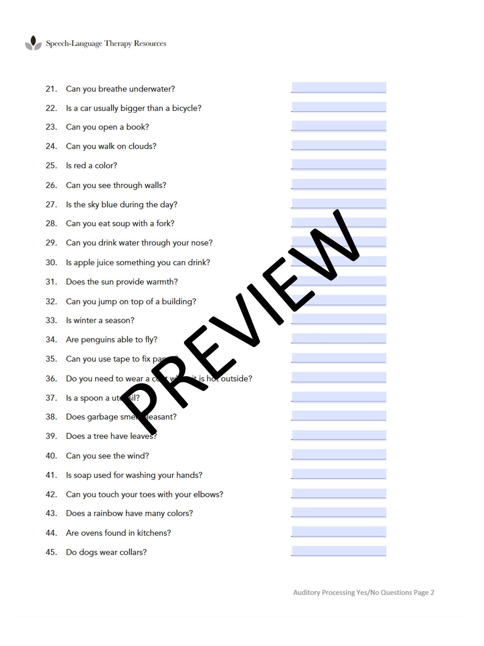 Auditory Processing Yes No Questions Worksheet for Speech Therapy ...