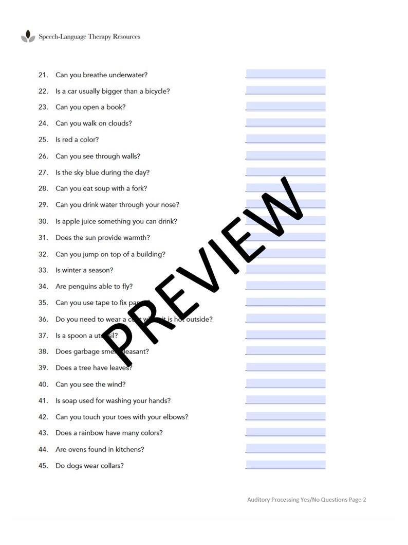Auditory Processing Yes No Questions Worksheet for Speech Therapy ...