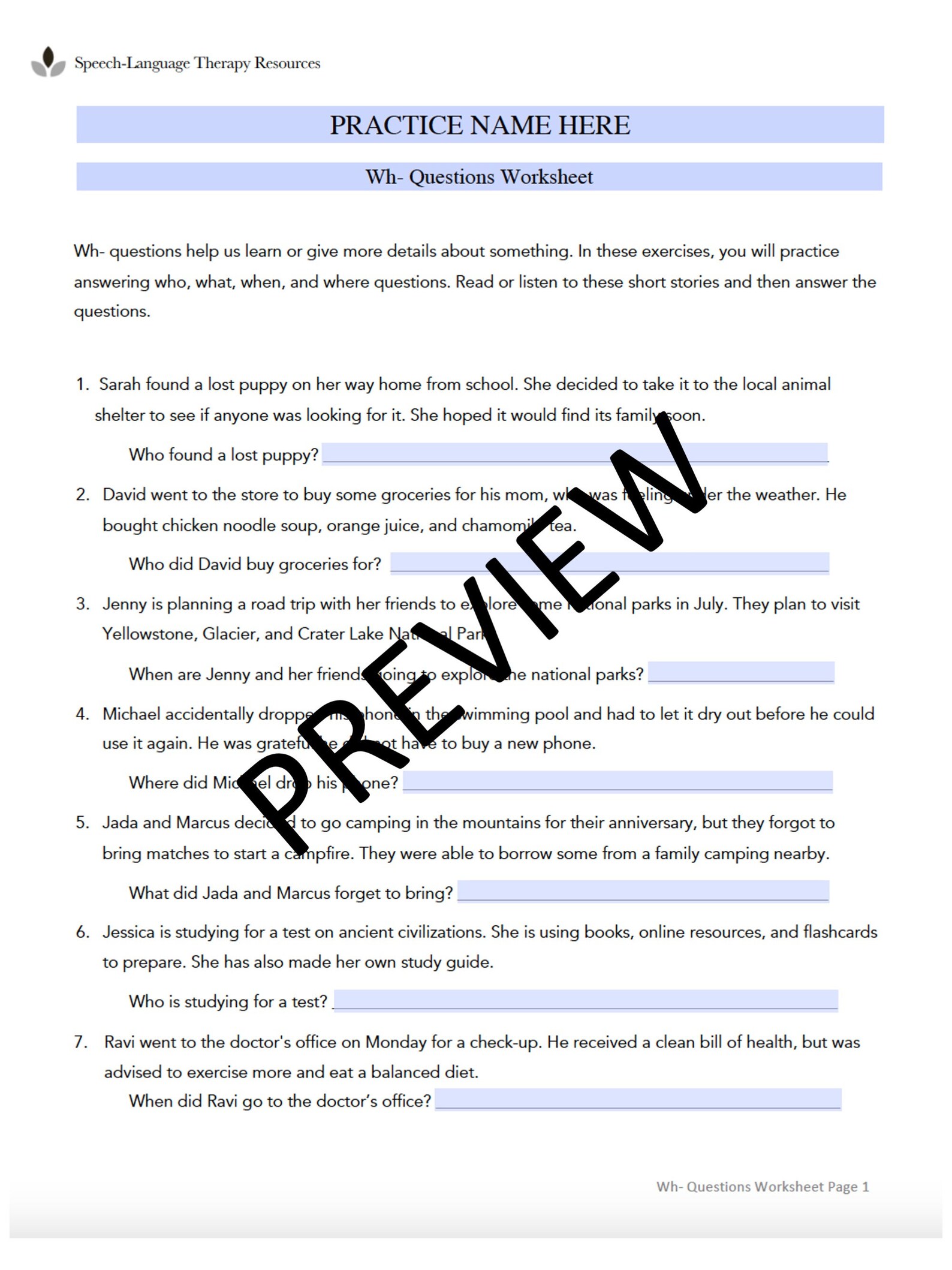 WH- Questions Worksheet for Speech Therapy (editable, Fillable ...